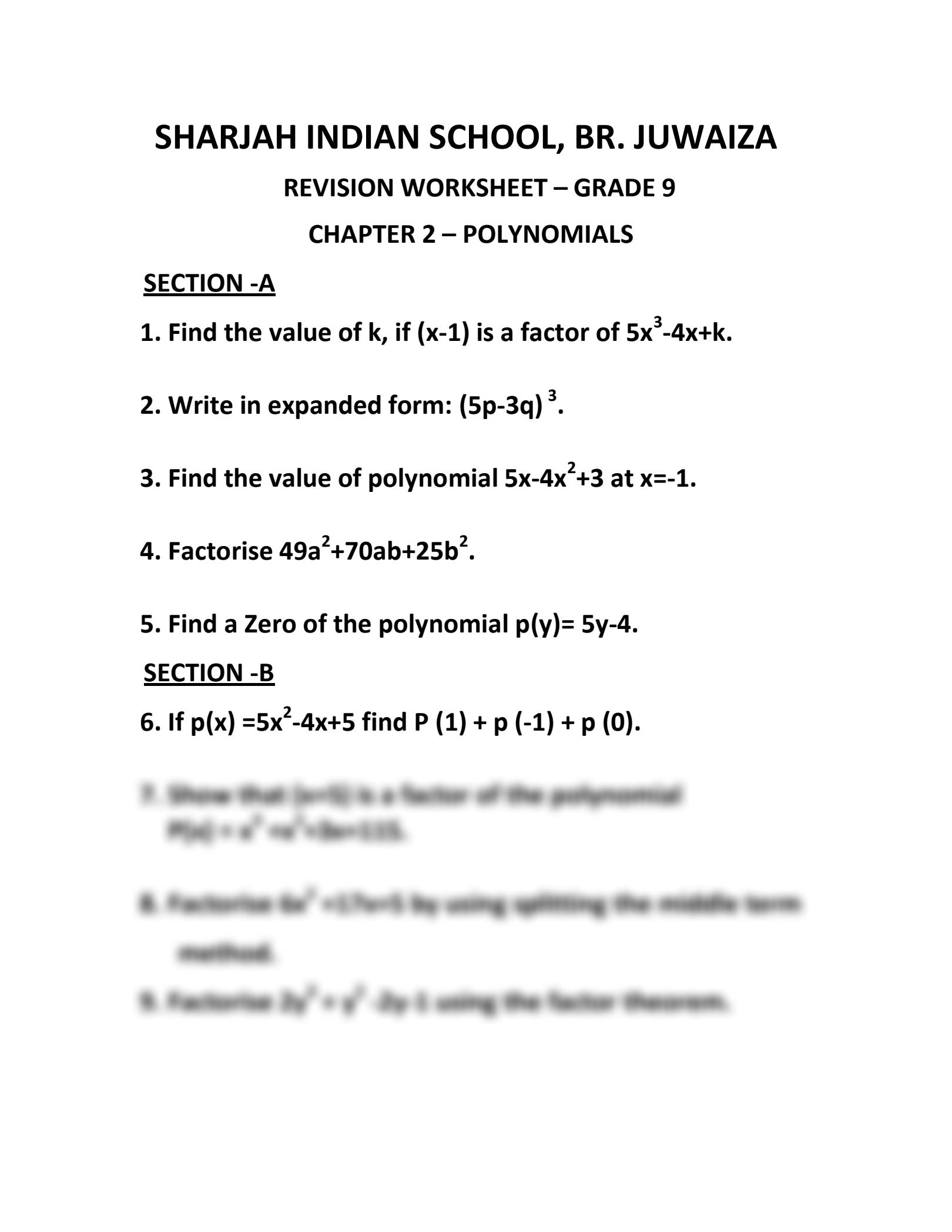 Polynomials Addition And Subtraction Worksheet For 7th 10th