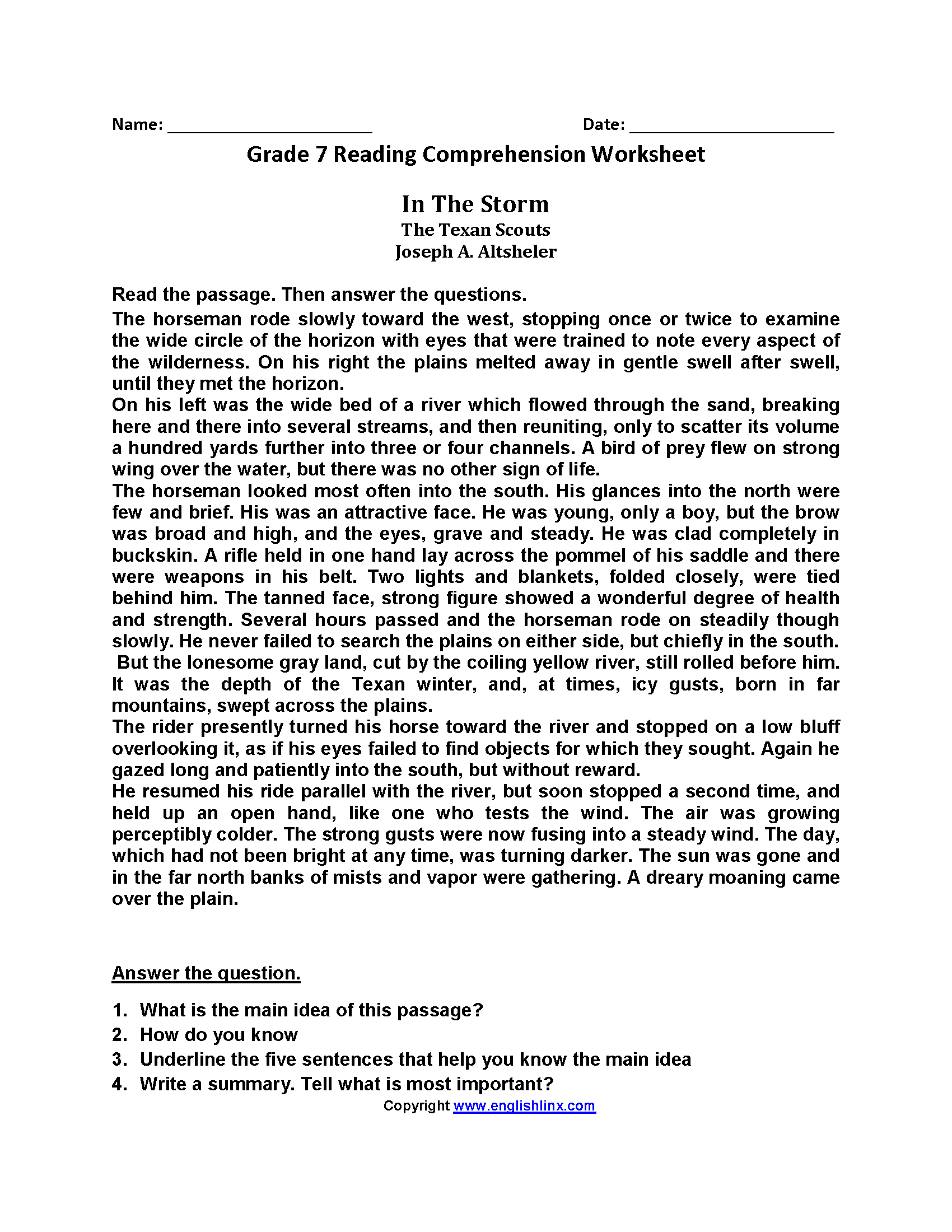 7th Grade Reading Comprehension worksheets: Enhance Literacy Skills