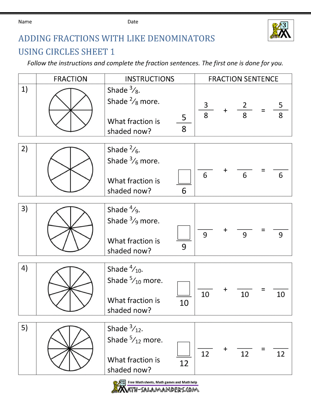 Adding Fractions With Like Denominators Worksheets Practice Sheets Adding Fractions With Like Denominators Worksheets Practice Sheets