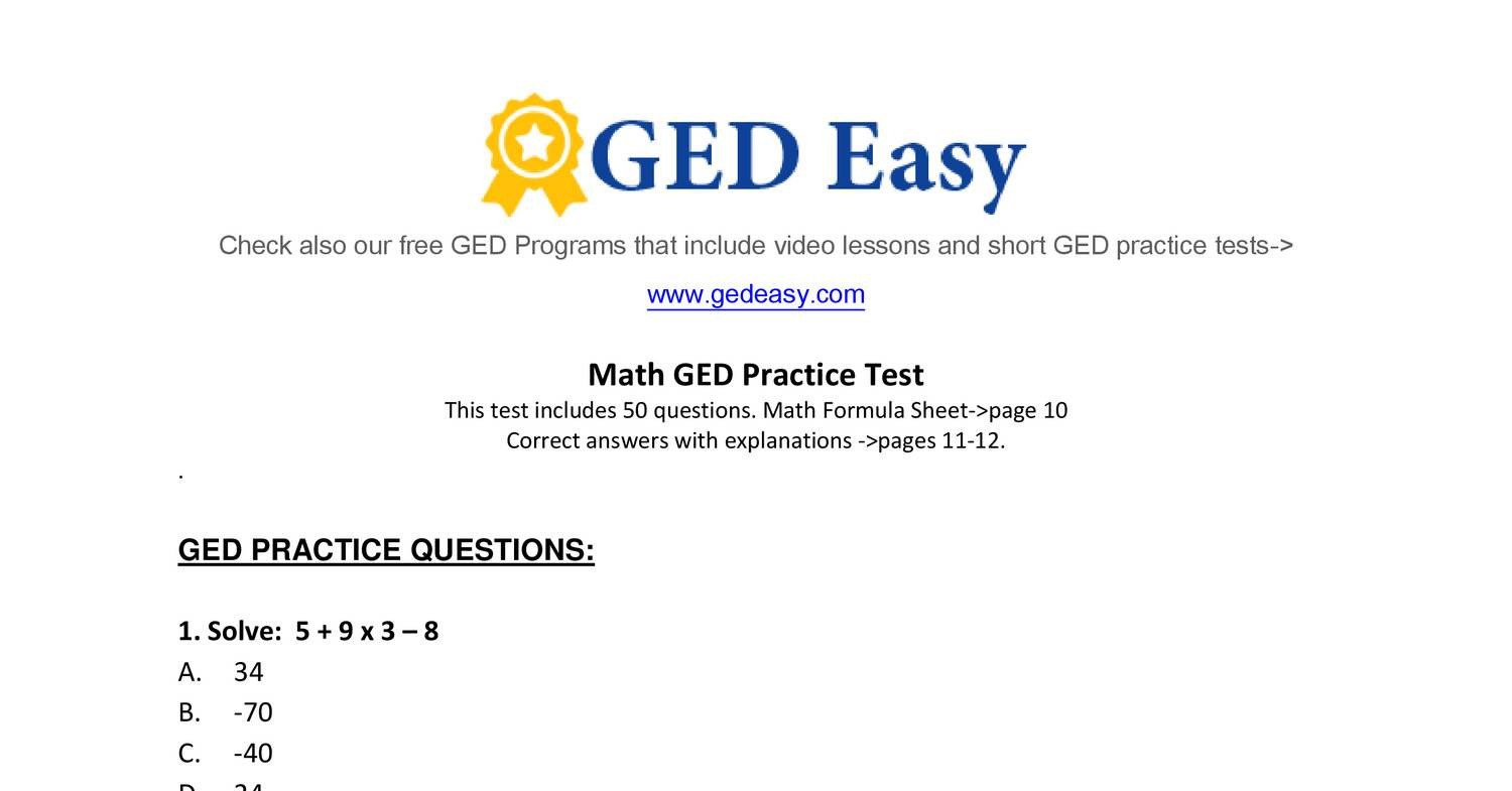 Full Length GED Math Practice Test Answers And Explanations
