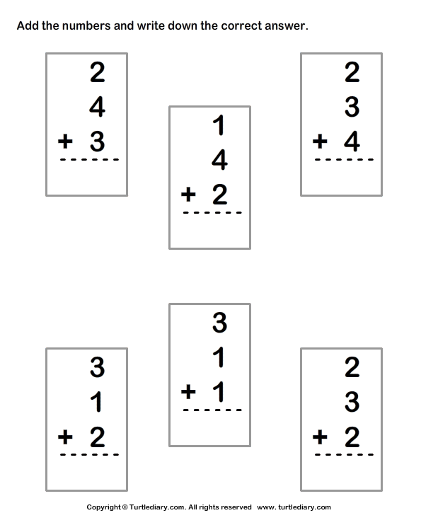 Adding Three One Digit Numbers Sums up to Ten | Turtle Diary Worksheet ...