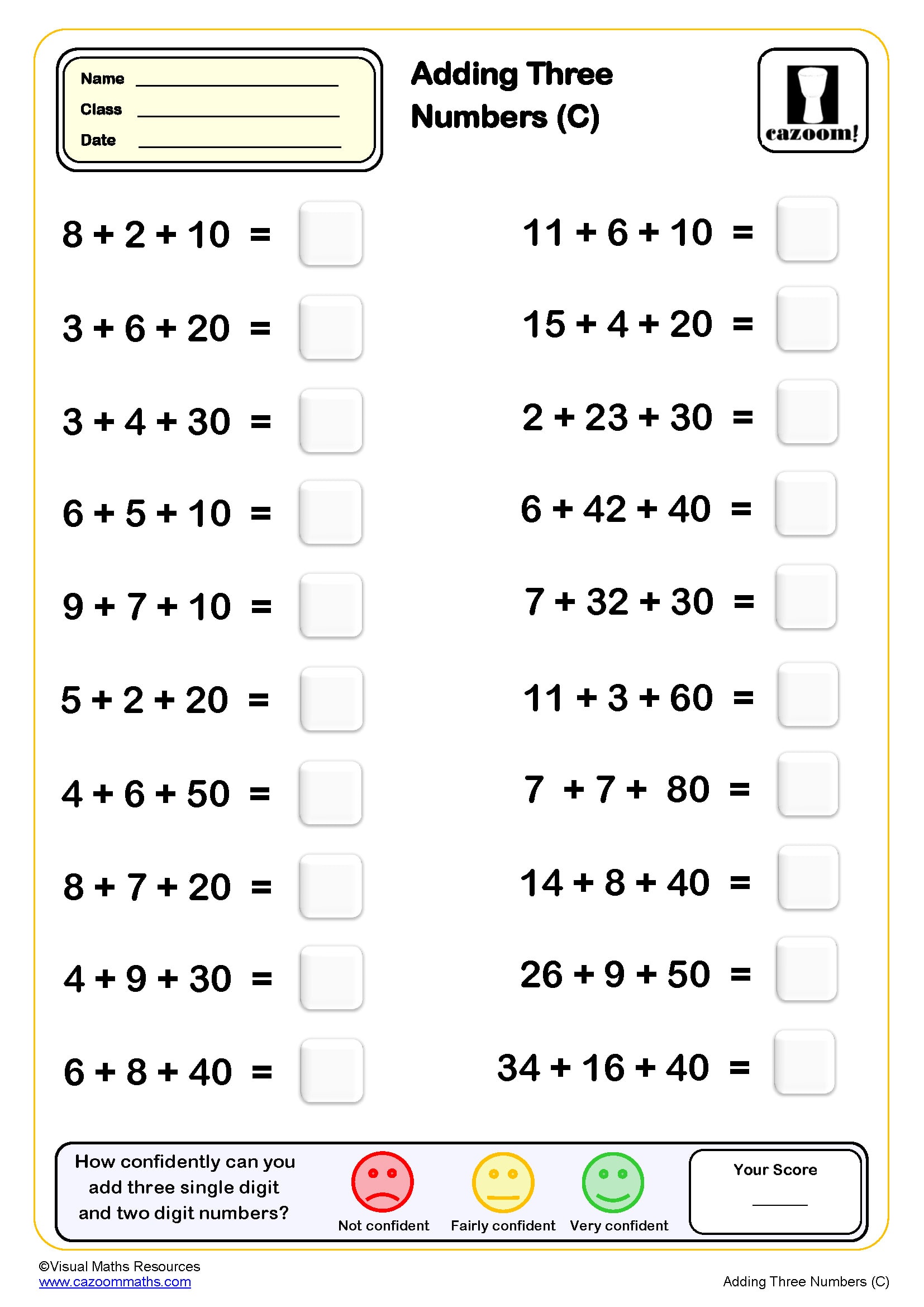 Addition Drills with three numbers Worksheet (C) | Key Stage 1 PDF ...