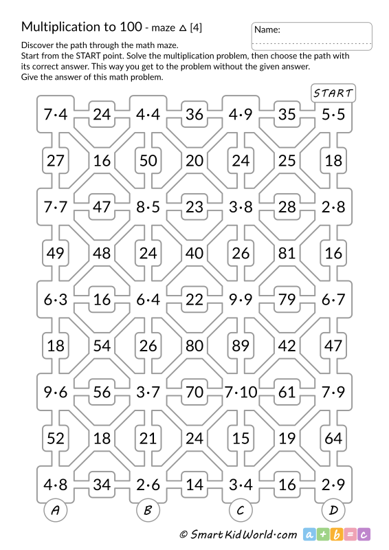 Multiplication Facts to 100 - math maze for kids [4] with large ...