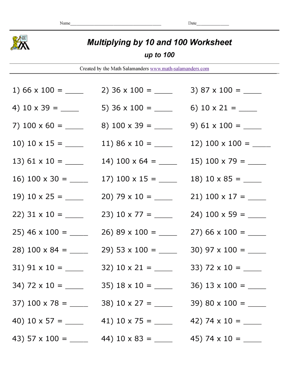 Multiplying by 10 and 100 Worksheets - Worksheets Library