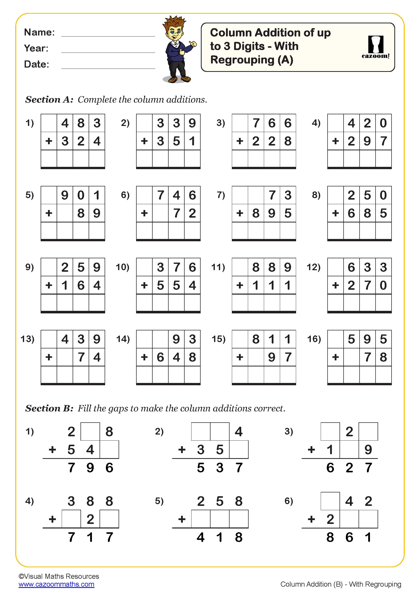 Column Addition of up to 3 Digits - With Regrouping (A) | Fun and ...