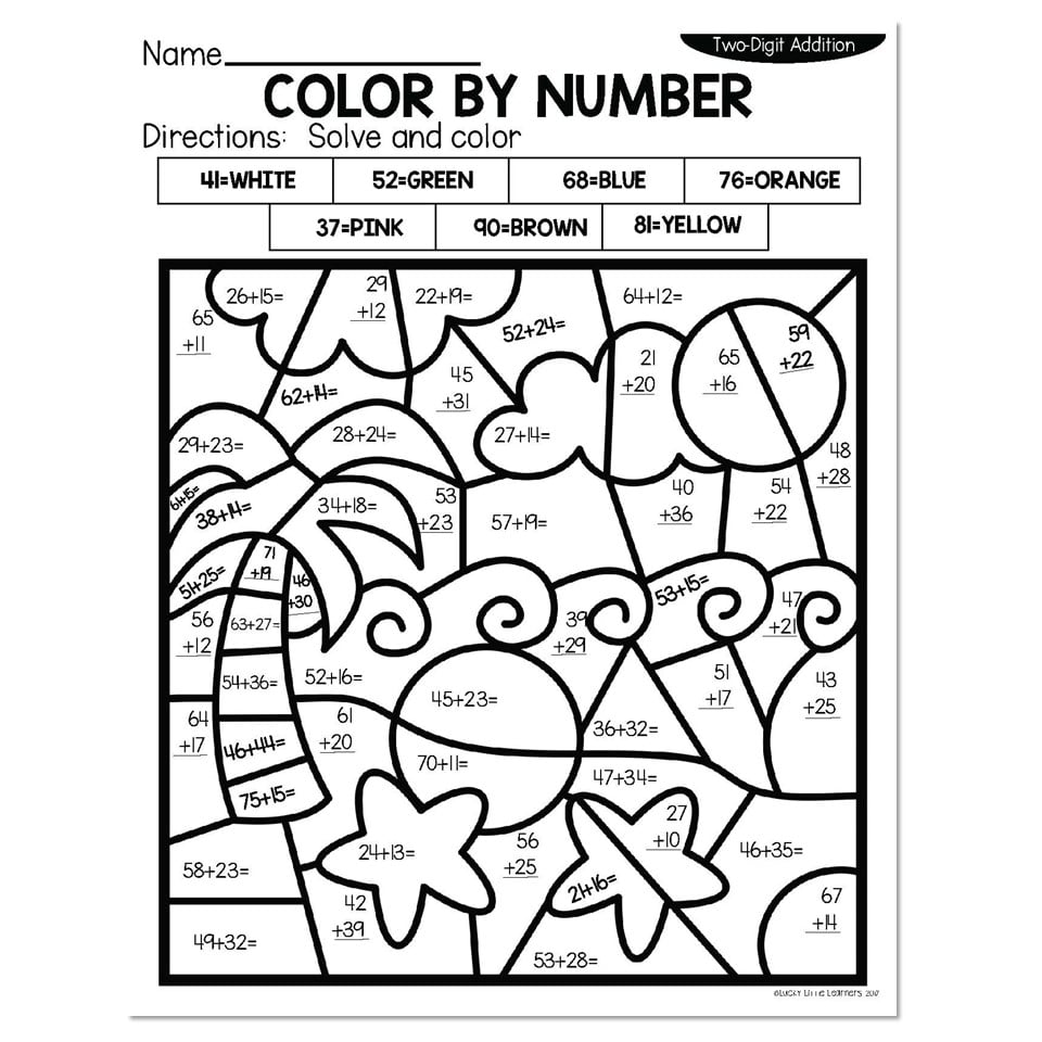 2-Digit Addition Summer Color by Number - Beach - Lucky Little ...