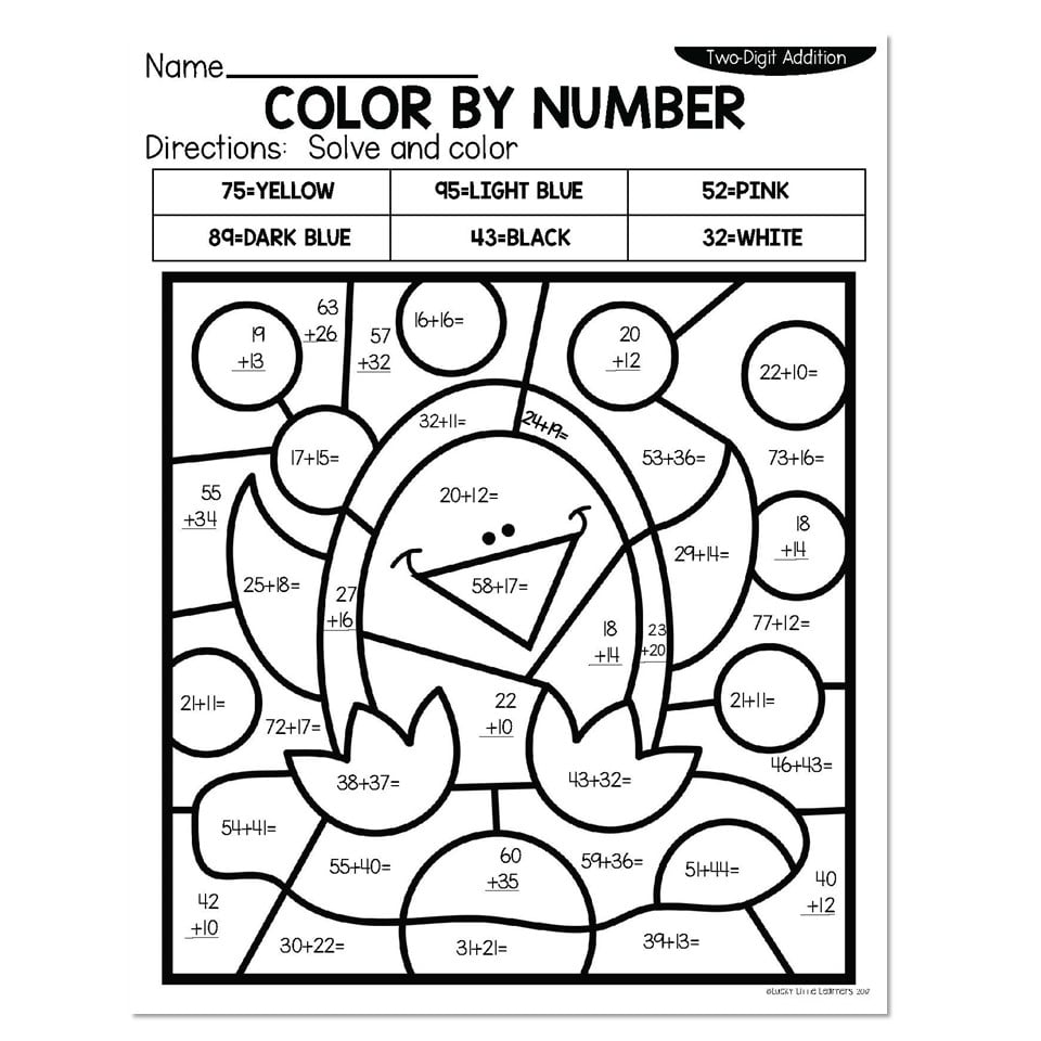 2-Digit Addition Winter Color by Number - Penguin - Lucky Little ...