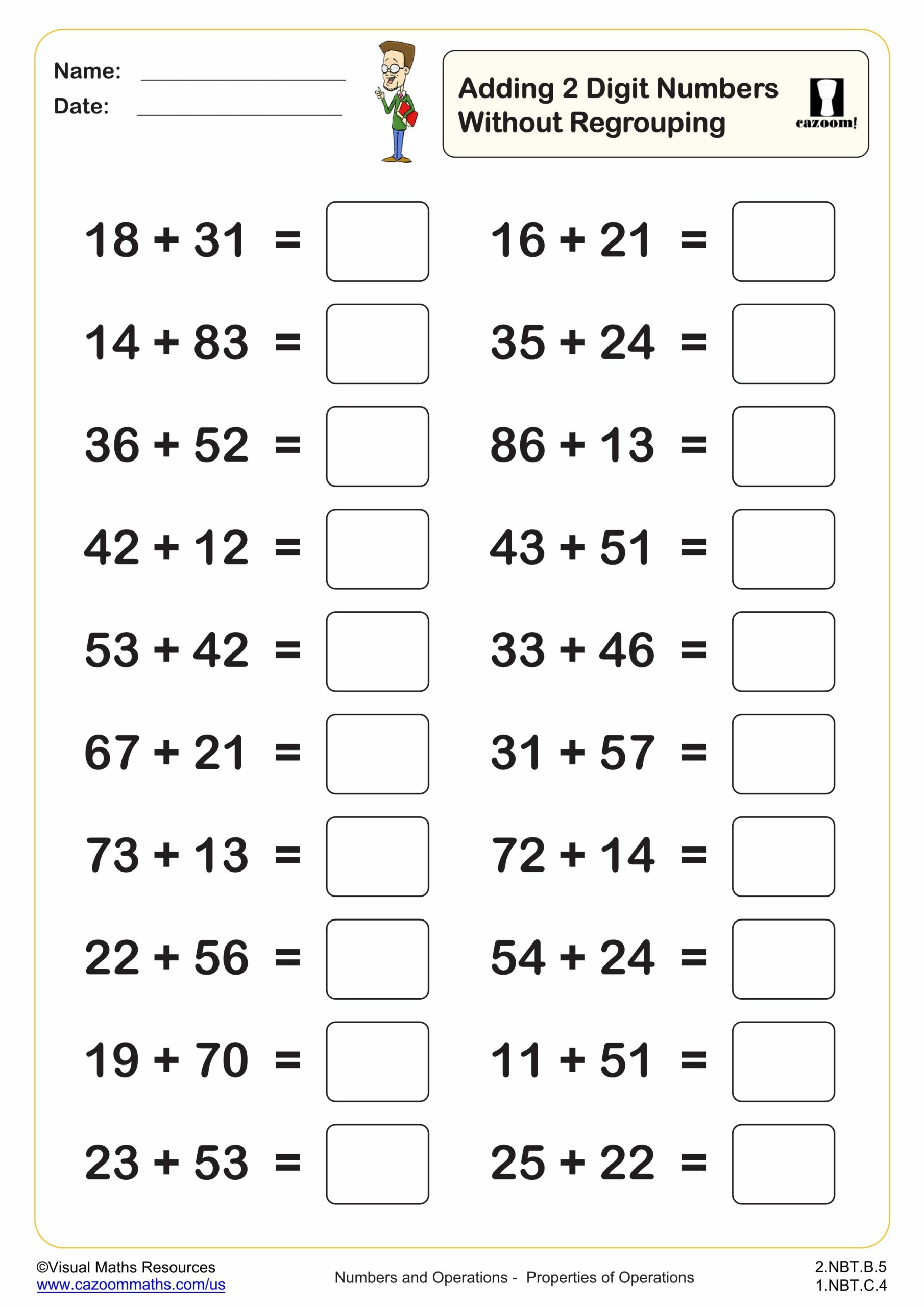Adding 2 Digit Numbers Without Regrouping 20 Questions Pdf