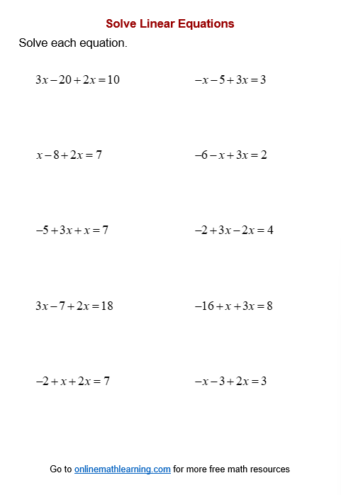 Linear Equation Worksheets (printable, online, answers, examples ...