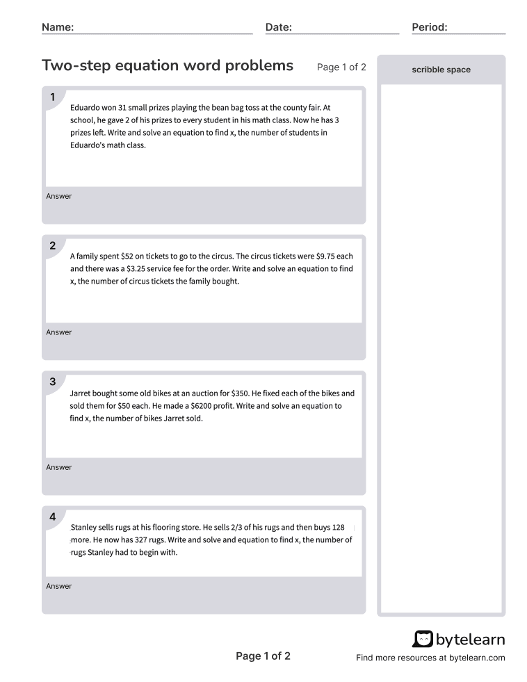 Write And Solve Two-Step Equations (Level 1 Word Problems ...