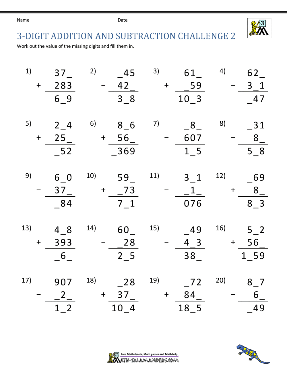 3 Digit Addition and Subtraction Worksheets - Worksheets Library