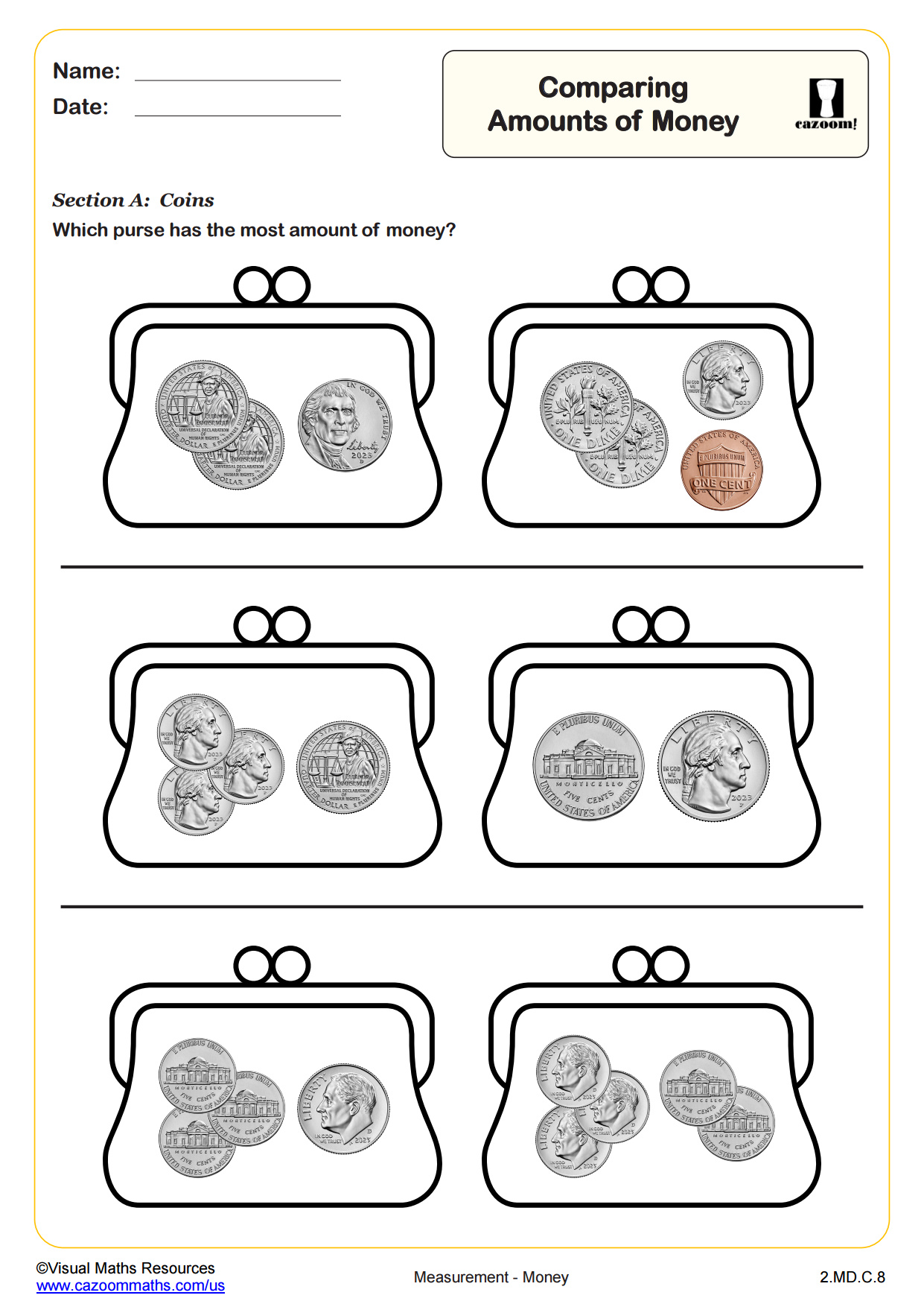 Comparing Amounts of Money | 2nd Grade PDF Measurement and Data ...