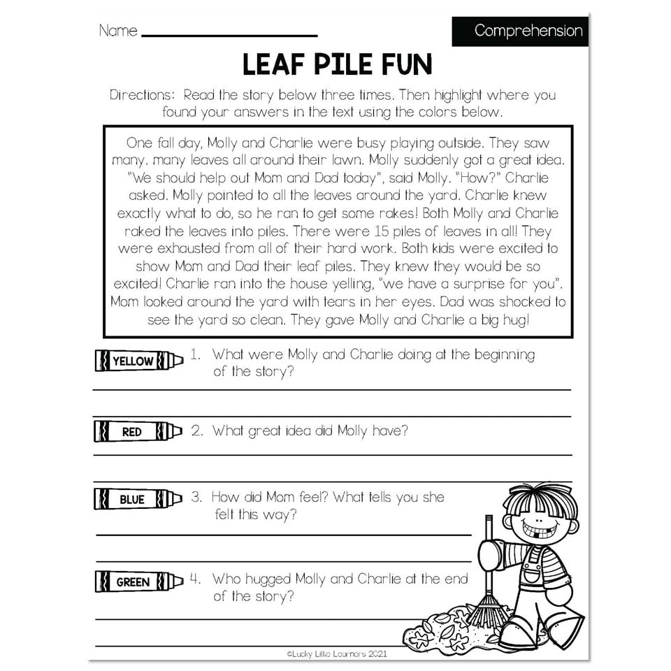 Fall - Early Finishers 2nd Grade - ELA - Comprehension - Leaf Pile ...
