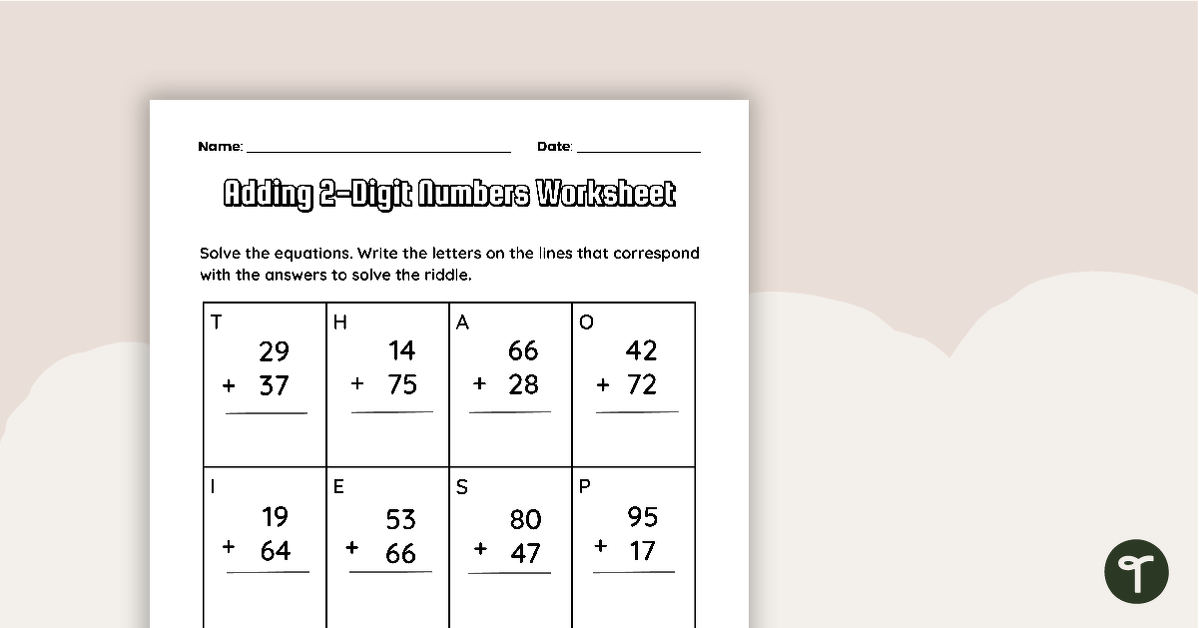 Adding 2-Digit Numbers Worksheet | Teach Starter - Worksheets Library