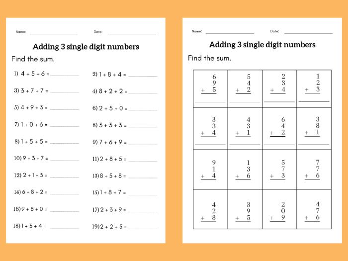 Adding 3 single digit numbers worksheet - 3rd grade 3 digit ...