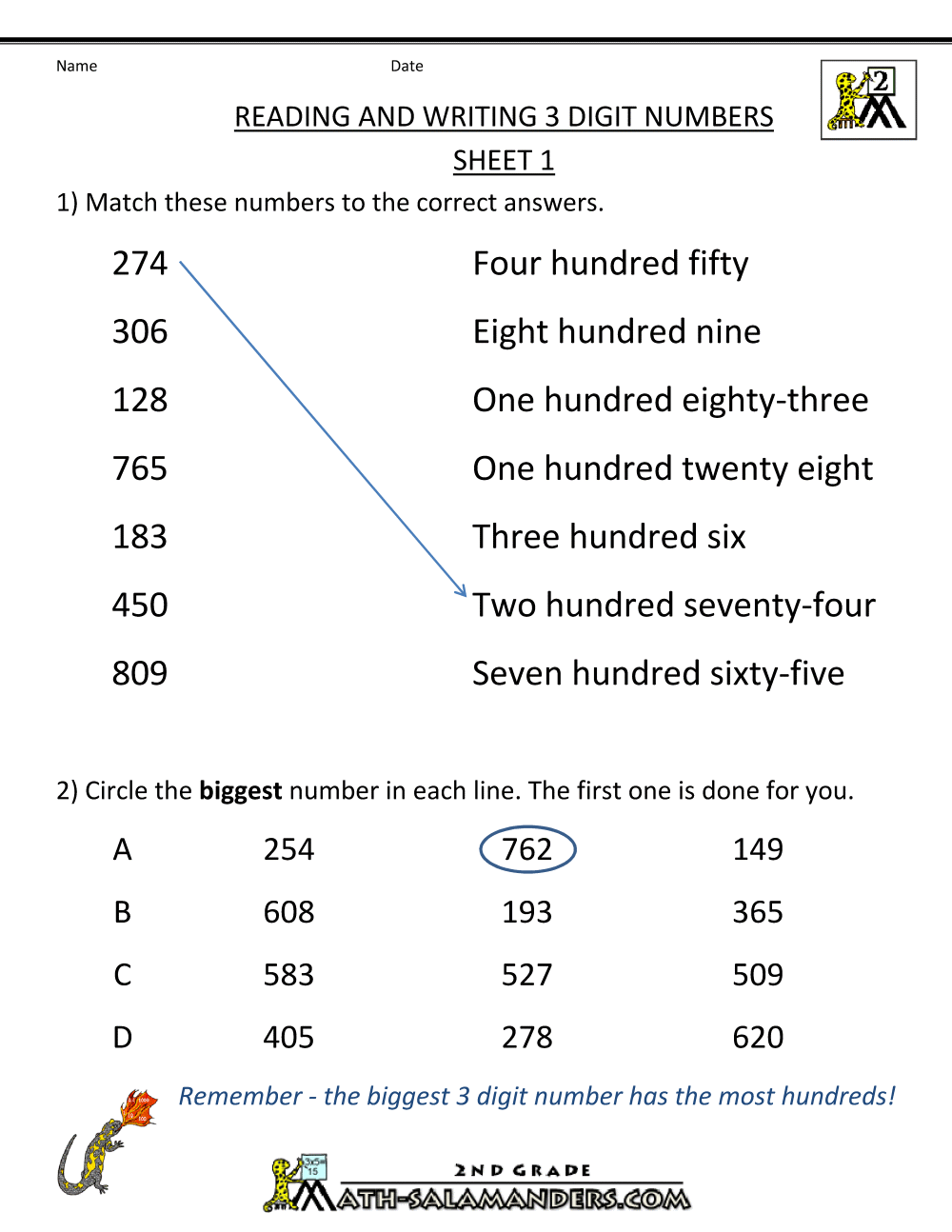 Free Place Value Worksheets - Reading and Writing 3 digit numbers ...