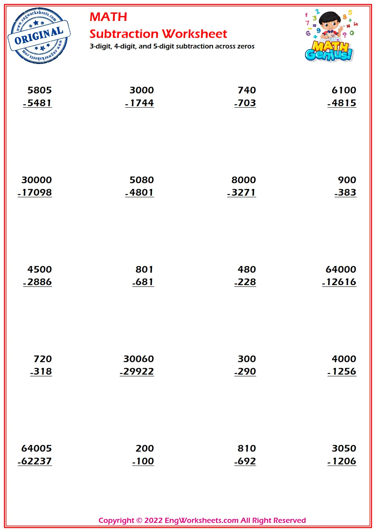 3 Digits 4 Digits And 5 Digits Subtraction Across Zeros