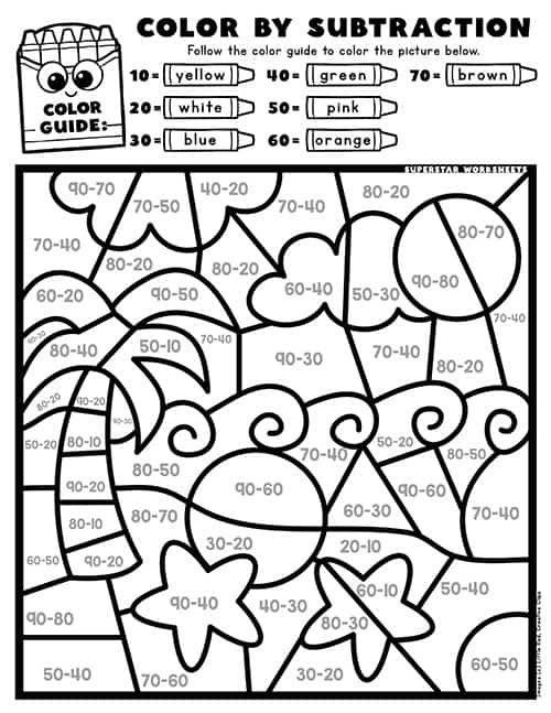 3-Digit Subtraction Summer Color by Number - Tree & Sunset - Worksheets ...