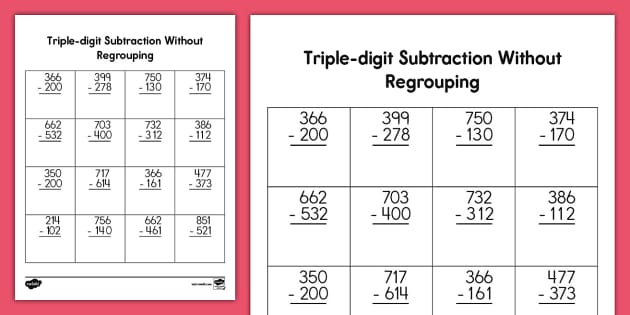 Second Grade Triple-digit Subtraction Without Regrouping Activity ...