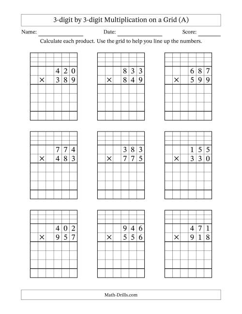3-digit by 3-digit Multiplication with Grid Support Including ...