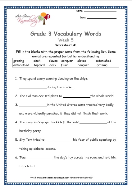 Grade 3: Vocabulary Worksheets Week 5 – Lets Share Knowledge ...