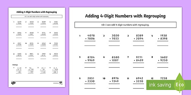 Adding 4 Digit Numbers with Regrouping (teacher made) - Worksheets Library