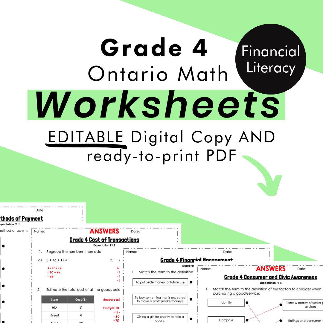 Grade 4 Ontario Math - Financial Literacy Worksheets PDF + FULLY ...