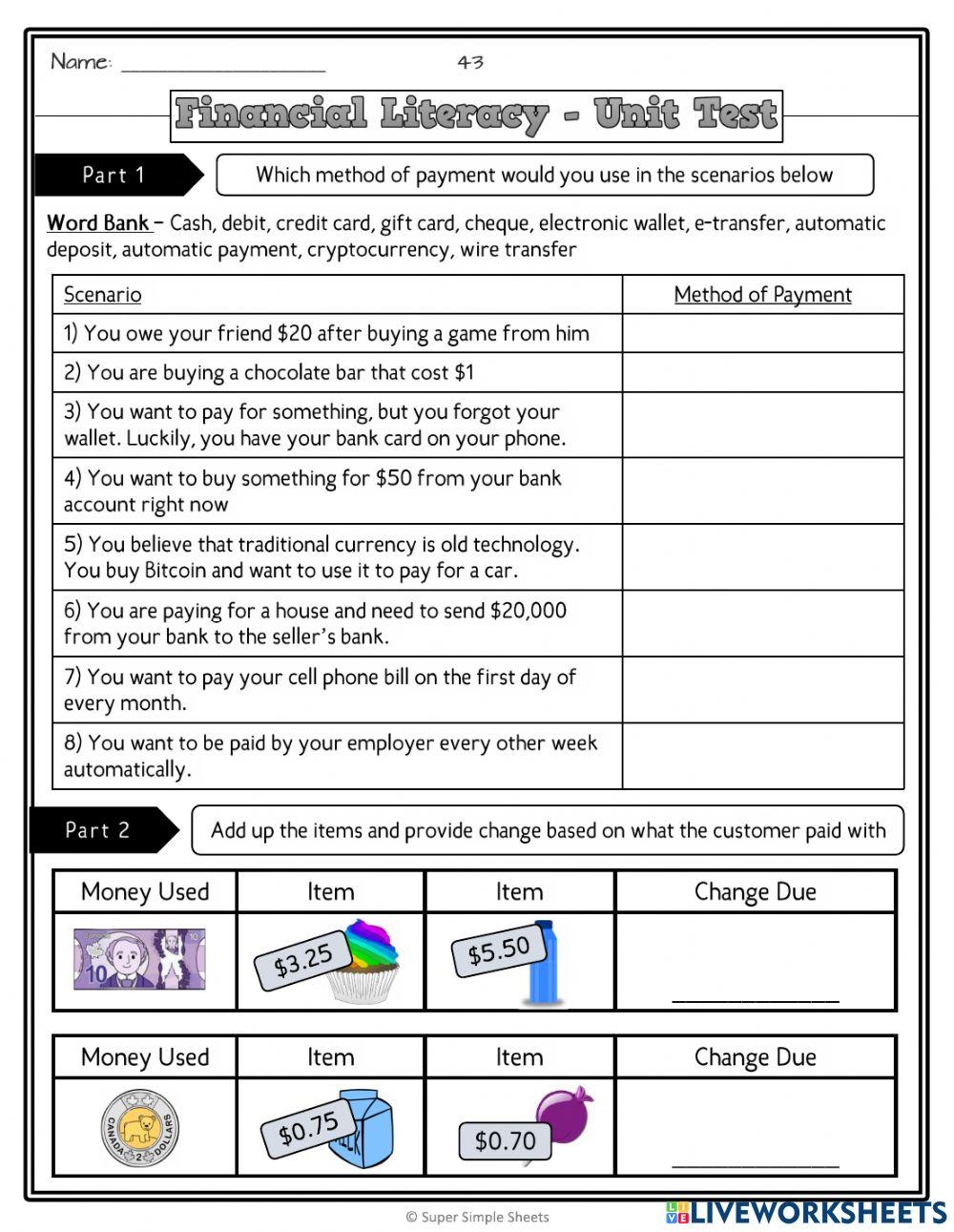 grade 5 financial literacy test online exercise for | Live Worksheets ...