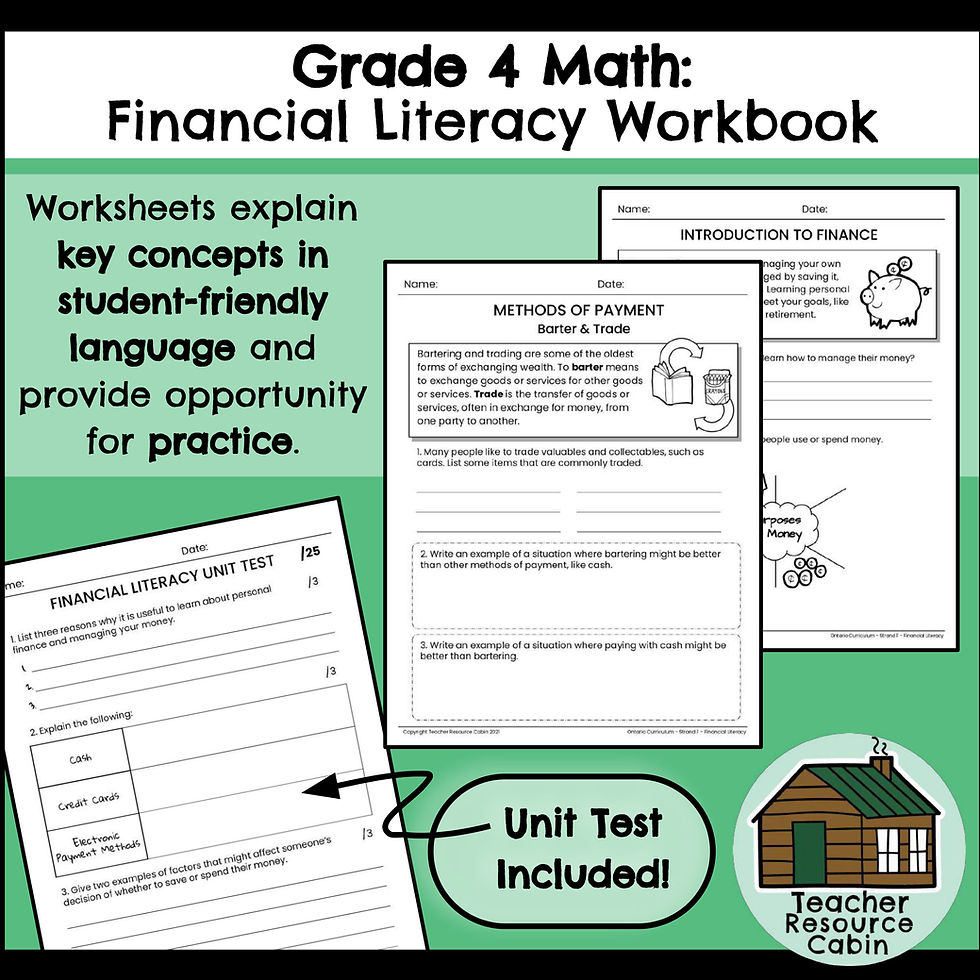 Strand F: Financial Literacy Workbook (Grade 4 Ontario Math) New ...