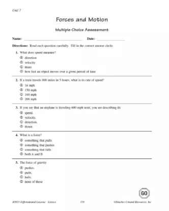 Forces and Motion Choice Quiz 5th Grade Science Worksheet ...
