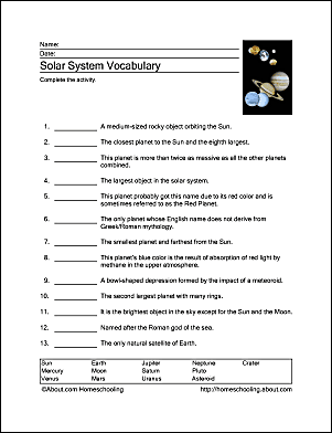 Free Solar System Printables: Vocabulary, Word Searches - Worksheets ...