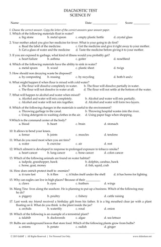 K TO 12 GRADE 4 DIAGNOSTIC / PRE TEST IN SCIENCE | PDF - Worksheets Library