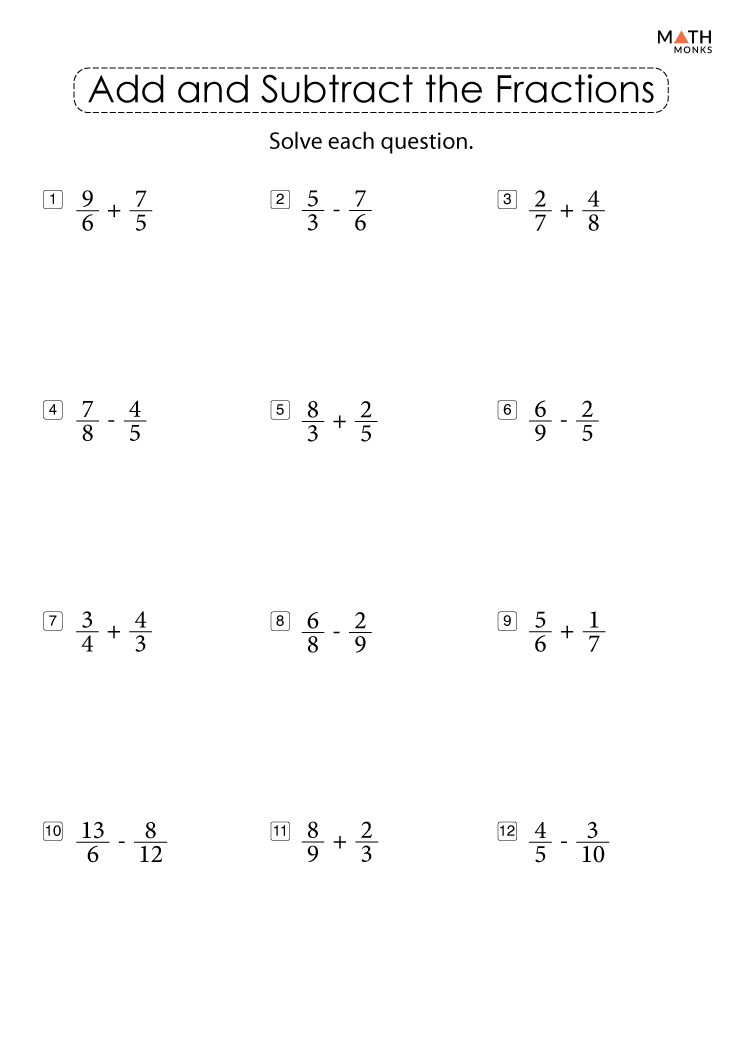 Adding and Subtracting Fractions Worksheets with Answer Key ...