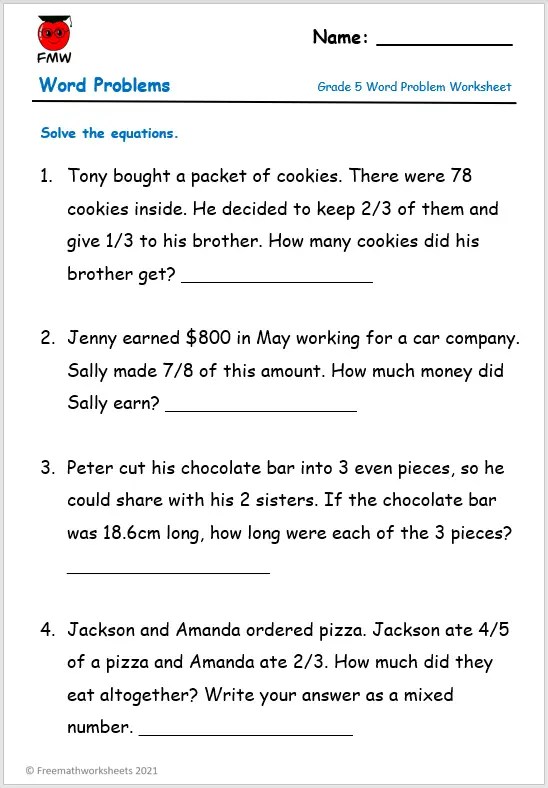 Free 5th grade common core math word problems worksheet, Download Free ...
