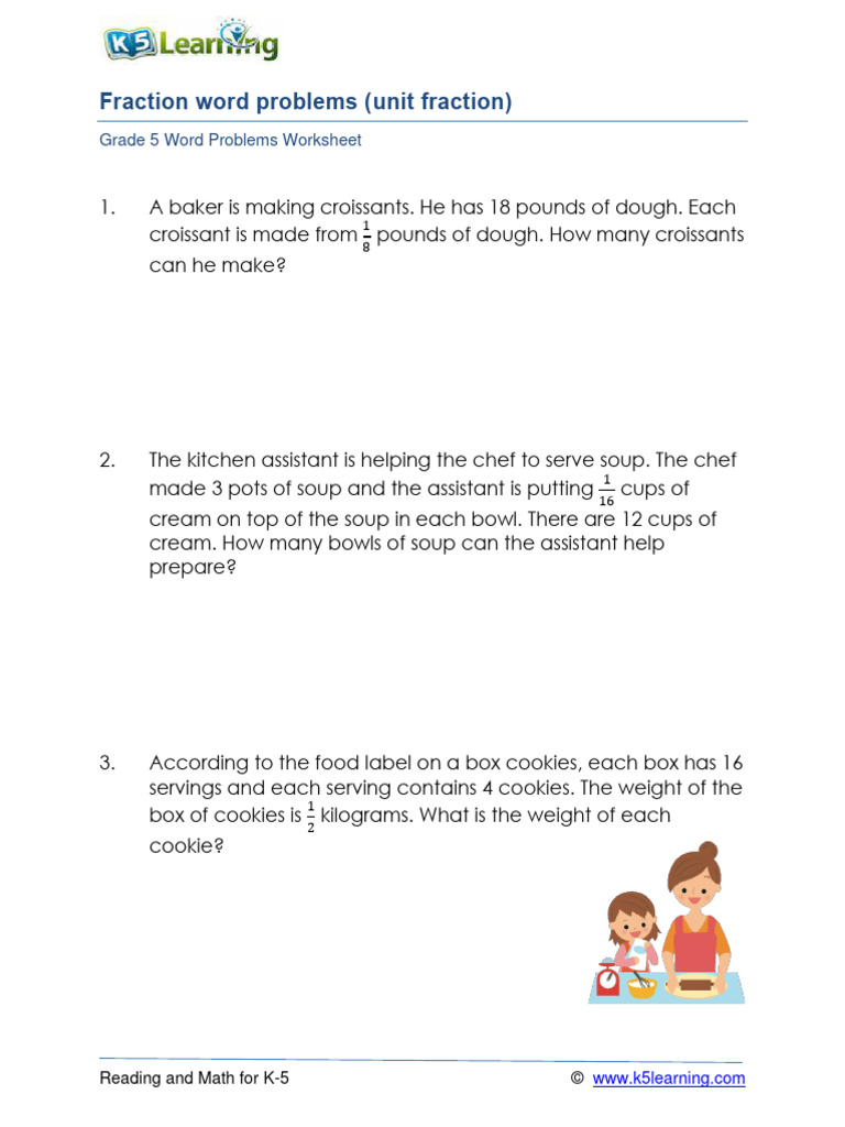 Free 5th grade math fraction word problems worksheet, Download Free 5th ...