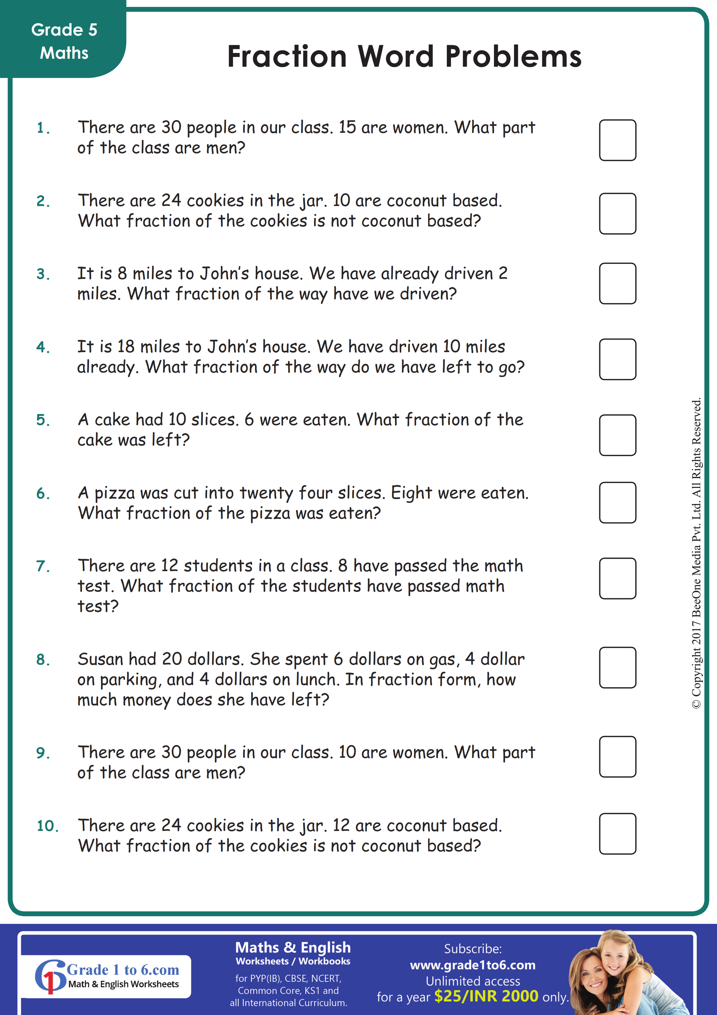 Word Problems in Fractions for Grade 5 | Grade1to6.com - Worksheets Library