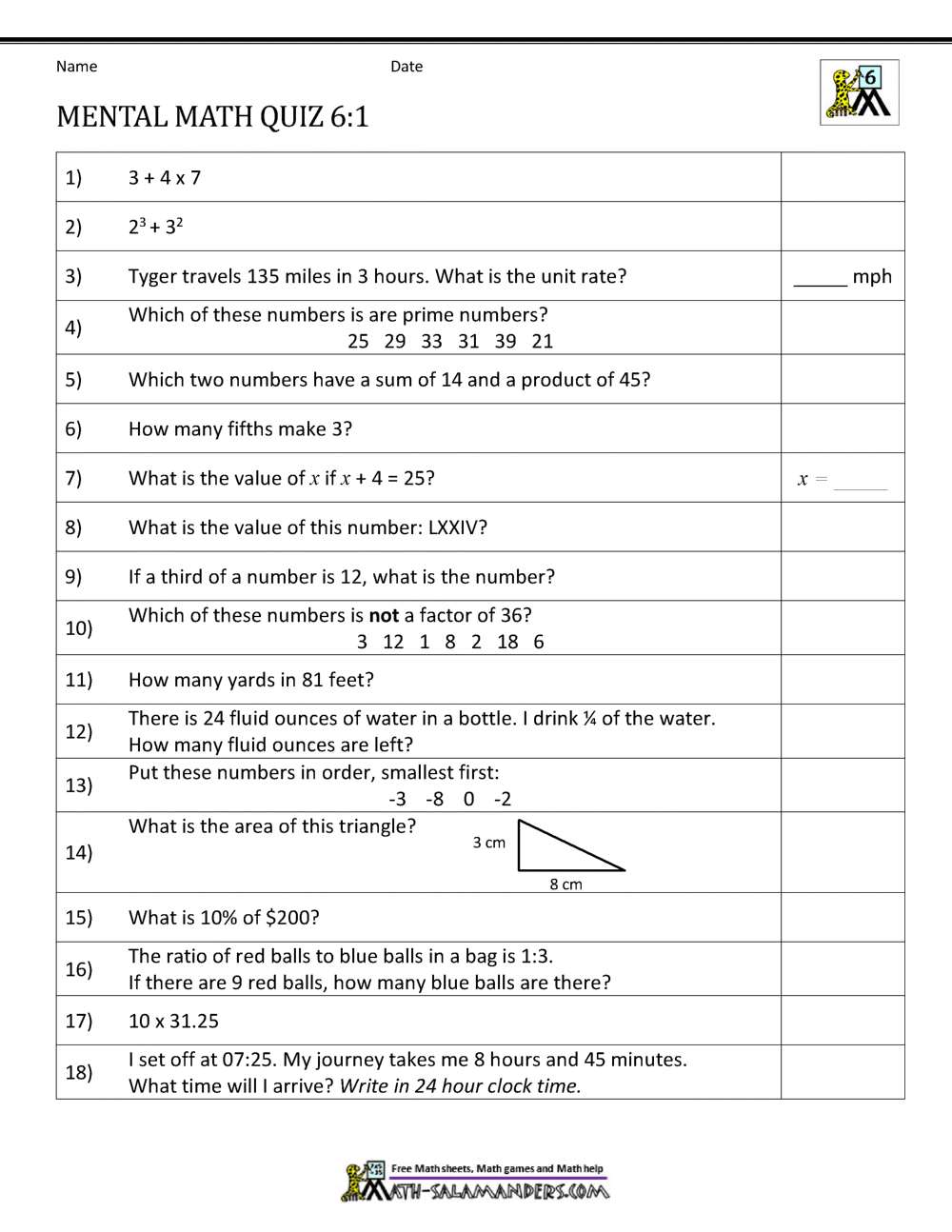 Mental Math 6th Grade - Worksheets Library