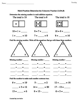 1st Grade Common Core Math Worksheets Determine the Unknown Number 1.OA ...