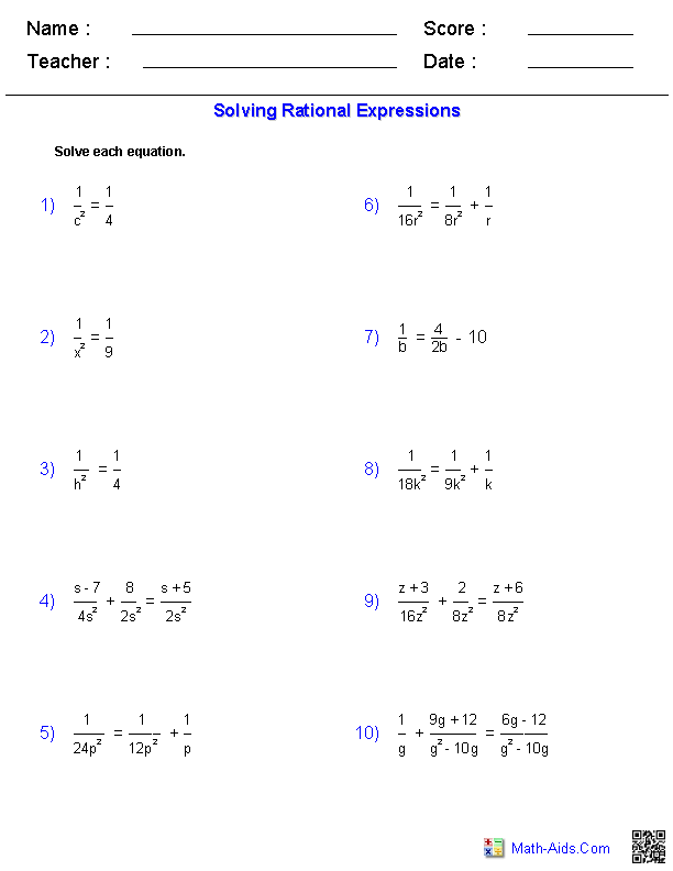 Algebra 1 Worksheets | Rational Expressions Worksheets - Worksheets Library