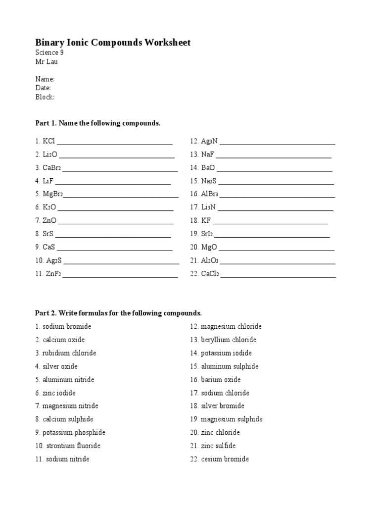 A Binary Ionic Molecular Compounds Worksheet 4a Nomenclature Binary