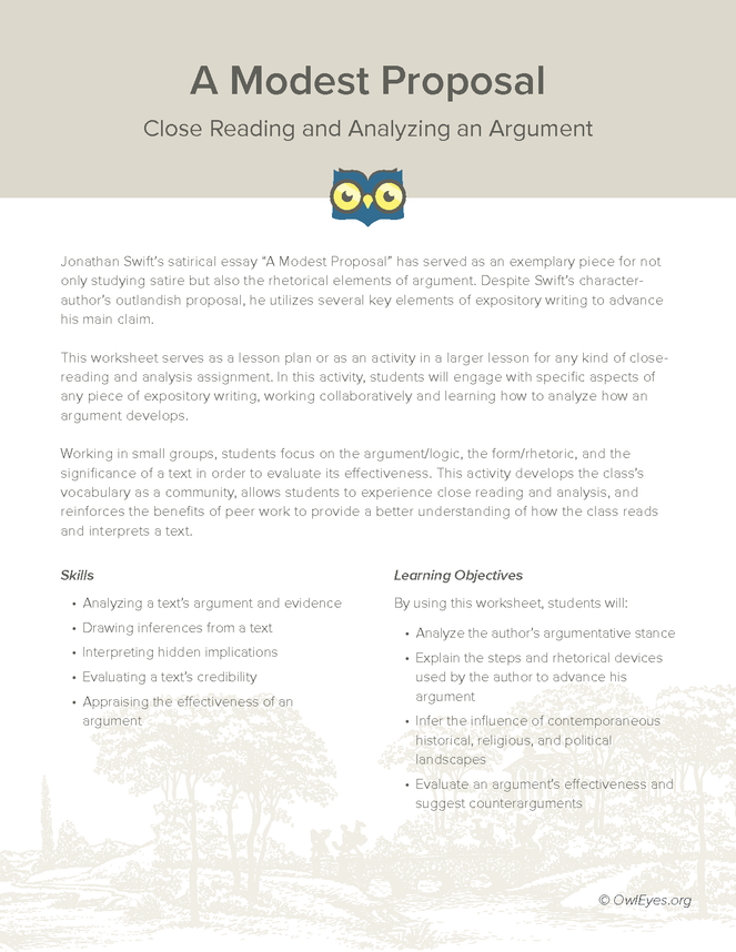 Modest Proposal: Teaching High School English - Worksheets Library