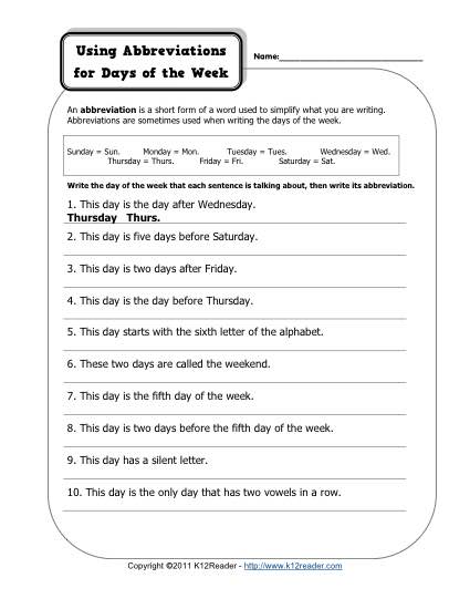 Second Grade Days of the Week Abbreviations Activity - Worksheets Library
