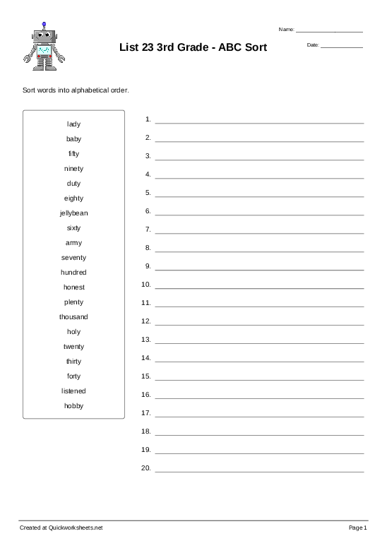 List 23 3rd Grade - ABC Sort - Sort into Order Worksheet ...