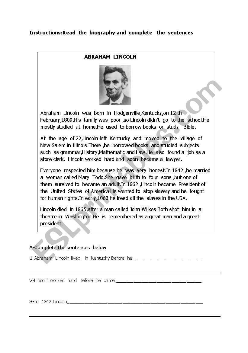 Abraham Lincoln Worksheet