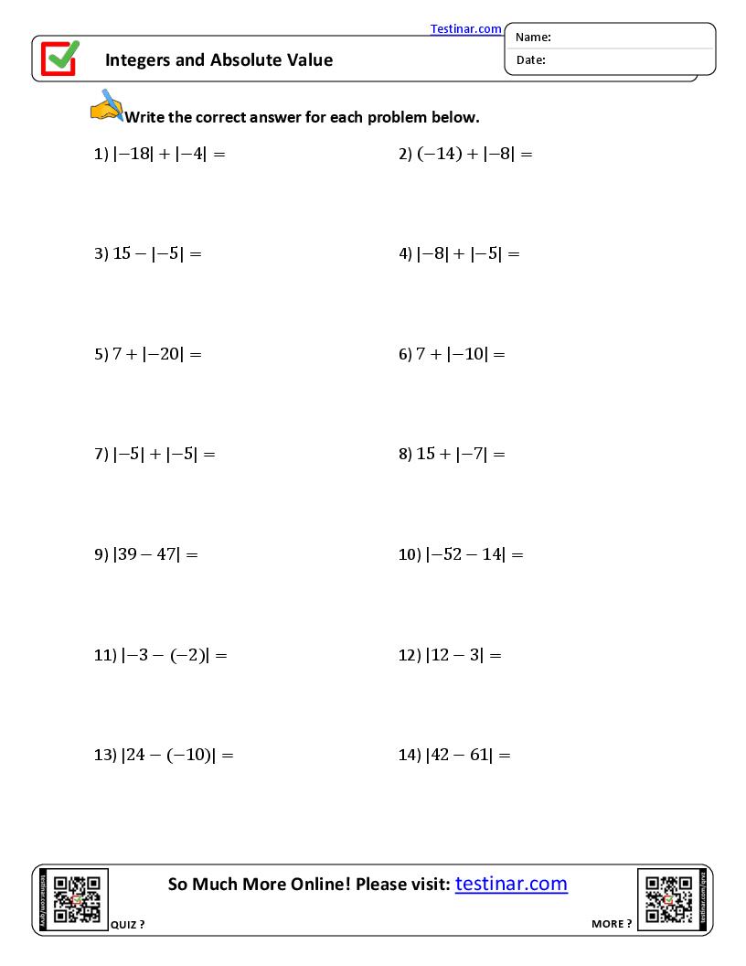 Integers and Absolute Value worksheets - Worksheets Library