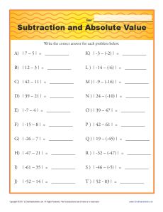Subtraction and Absolute Value | Printable Math Worksheets - Worksheets ...