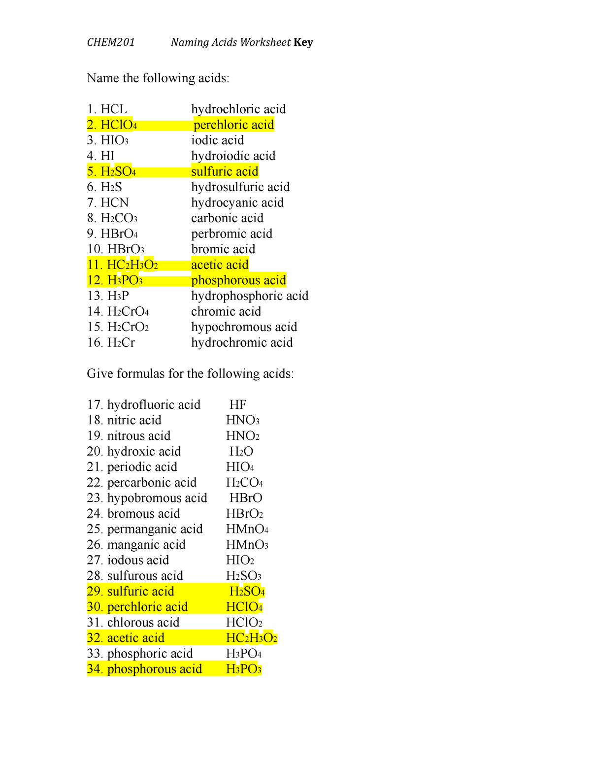 Naming Sheet Chem Chem201 Naming Acids Worksheet Key Name The