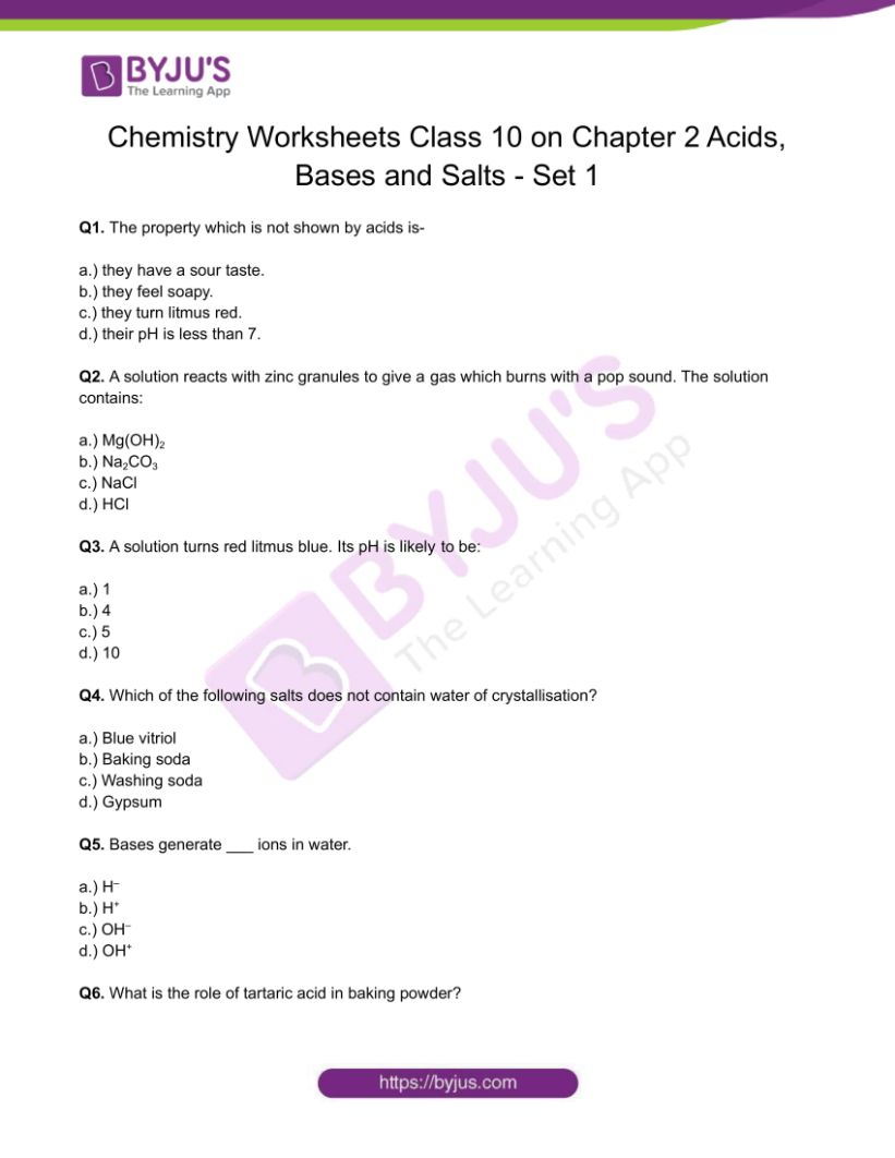 Class 10 Chemistry Worksheet on Chapter 2 Acids, Bases and Salts ... - Worksheets Library