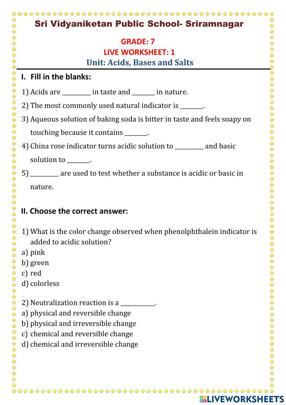 Acids, Bases and Salts interactive worksheet | Live Worksheets - Worksheets Library