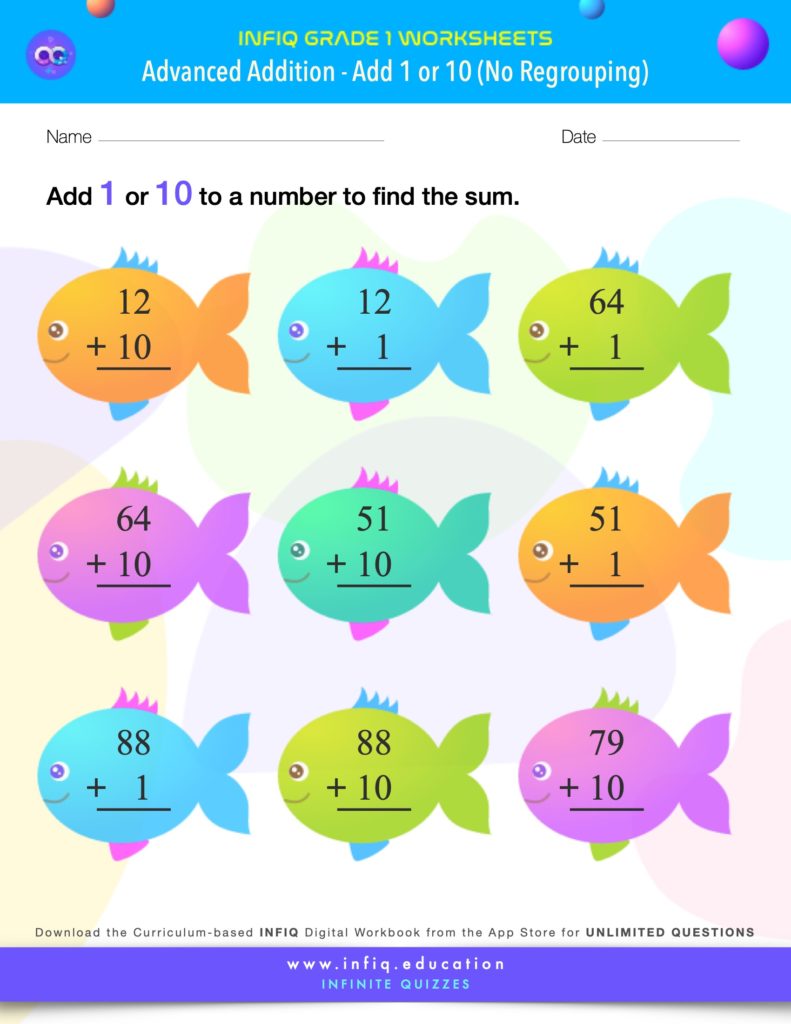 INFIQ | GRADE 1 Math Worksheets- Advanced Addition - Add 1 or 10 ...